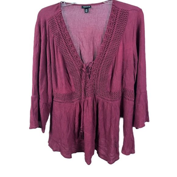 torrid | Tops | Torrid Boho Lace Front Vneck Maroon Flowy Blouse Size M ...